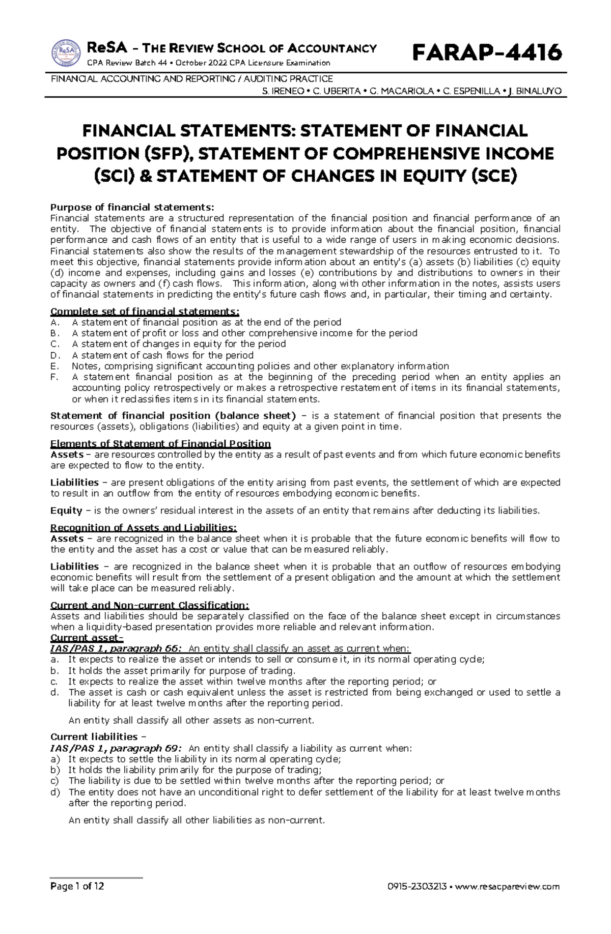 FARAP-4416 Financial Statements: SFP, SCI & SCE Notes for Review - Studocu
