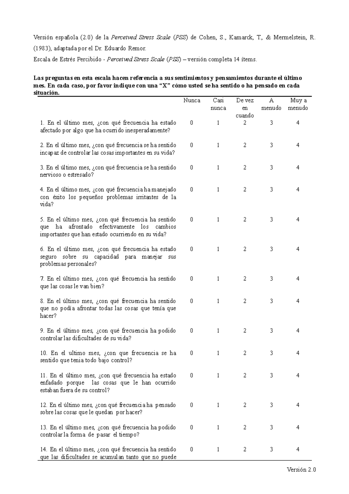 Escala de Estrés Percibido (PSS) - Versión Completa y Adaptación - Studocu