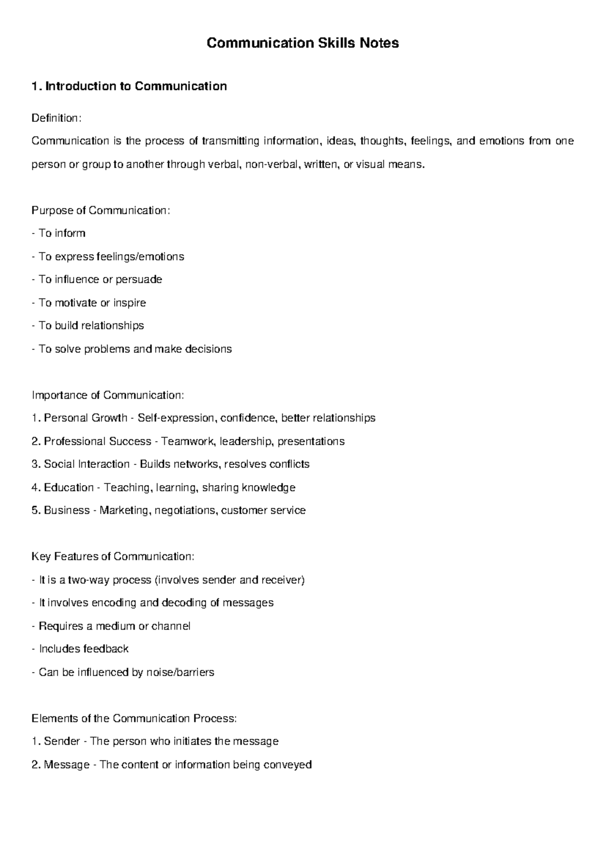Communication Skills Notes: Understanding the Process and Types - Studocu