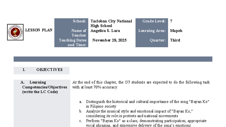 BAYAN KO LESSON PLAN (G7 MAPEH Q3) - TACLOBAN CITY HS - Studocu
