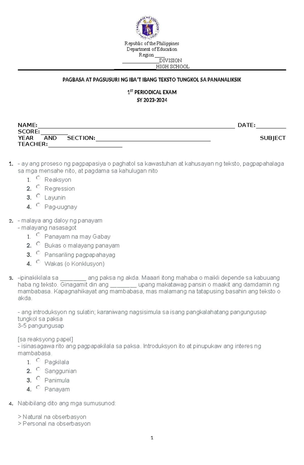 PT 1ST PERIODICAL EXAM SA PAGBASA AT PAGSUSURI NG TEKSTO Q1 - Studocu