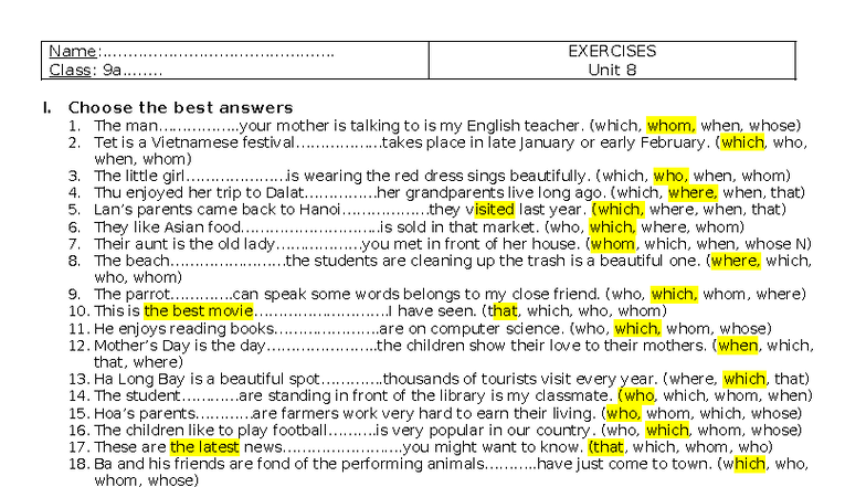 English 9 Unit 8 Exercises Key - 10.1.2021 - Studocu