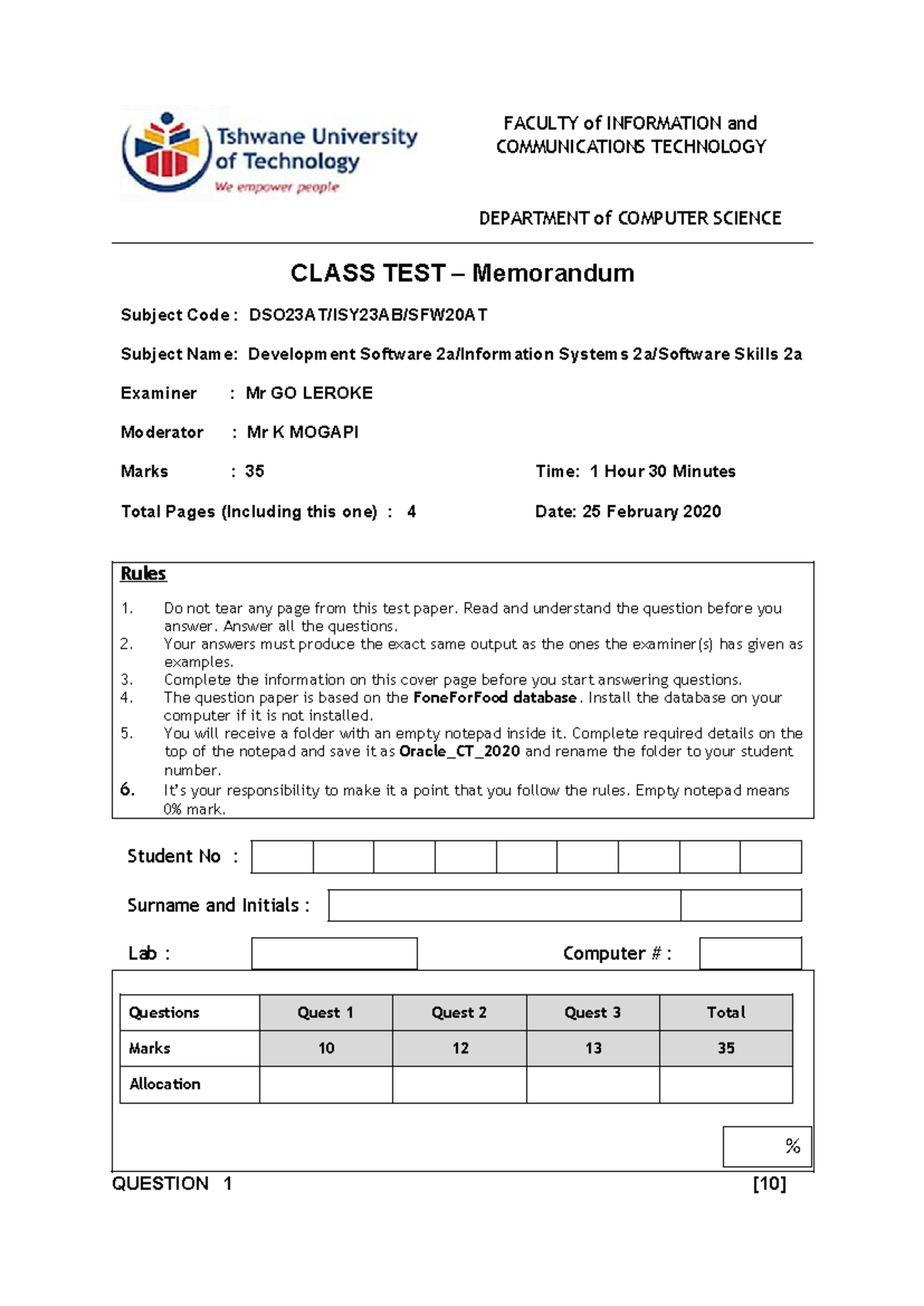 DSO23AT-SFW20AT Class Test Memo 2020: Development Software Systems ...