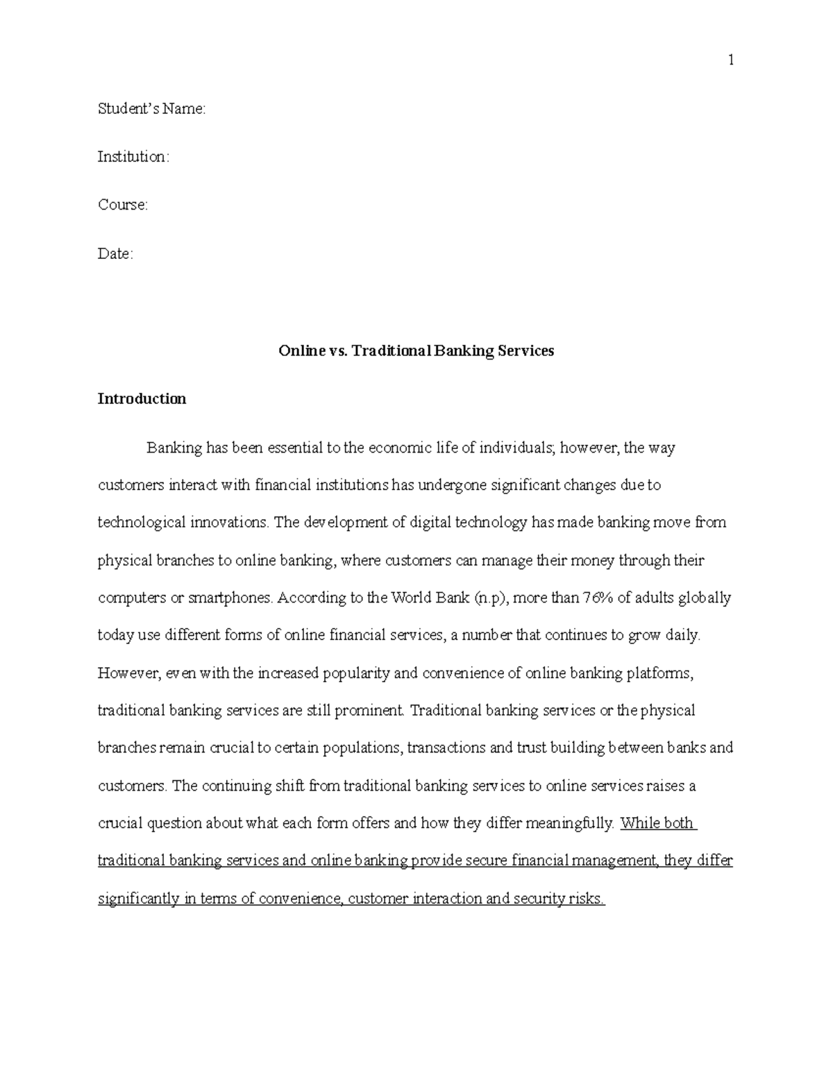 Comparison Essay: Online vs. Traditional Banking Services - Studocu