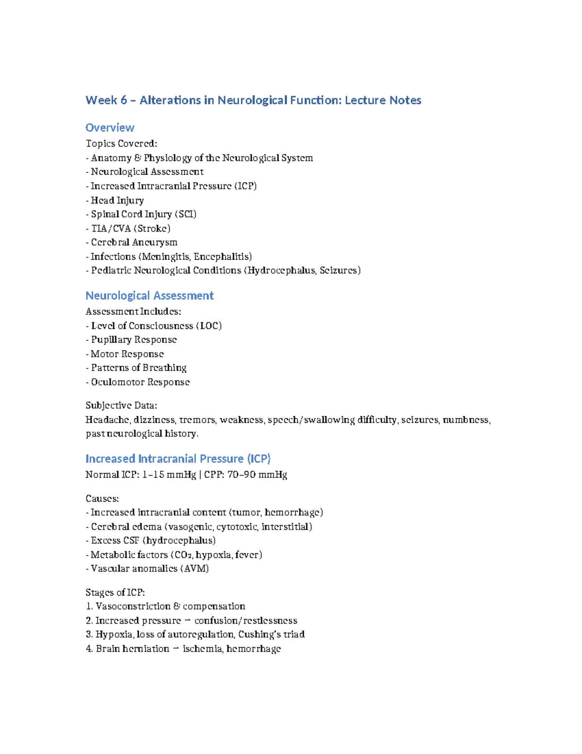 Week 6 Neurological Function Alterations: Lecture Notes Overview - Studocu