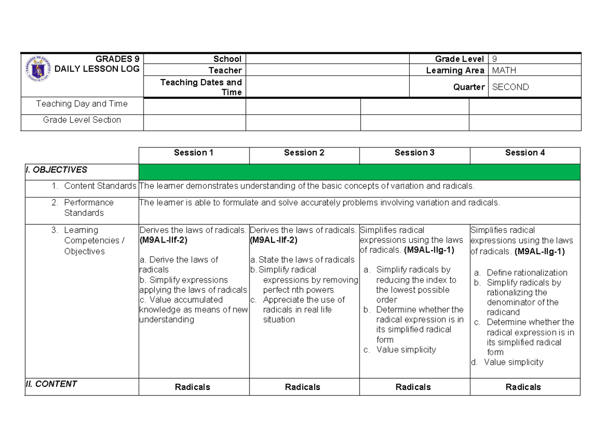 Grade 9 Math Daily Lesson Log: Understanding Radicals and Variations ...