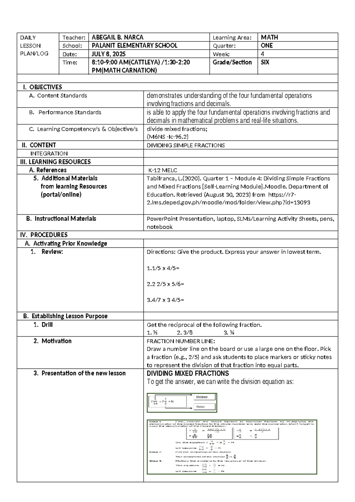 DAILY LESSON PLAN: MATH 6 WEEK 4 - DIVIDING FRACTIONS - Studocu