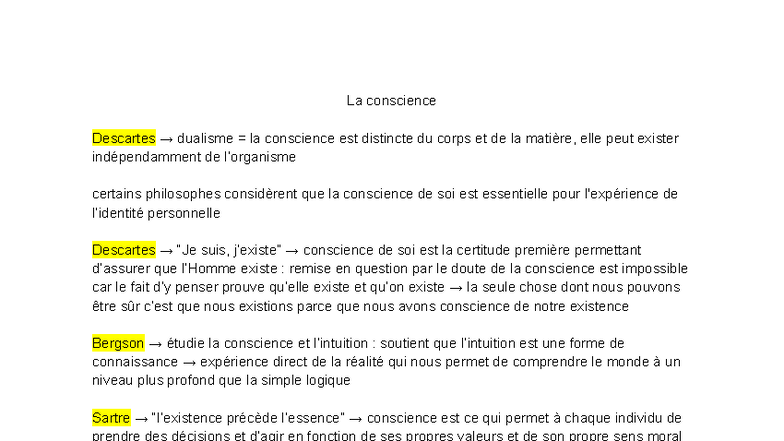 La Conscience - Fiche de Philosophie (PHI 101) - Studocu