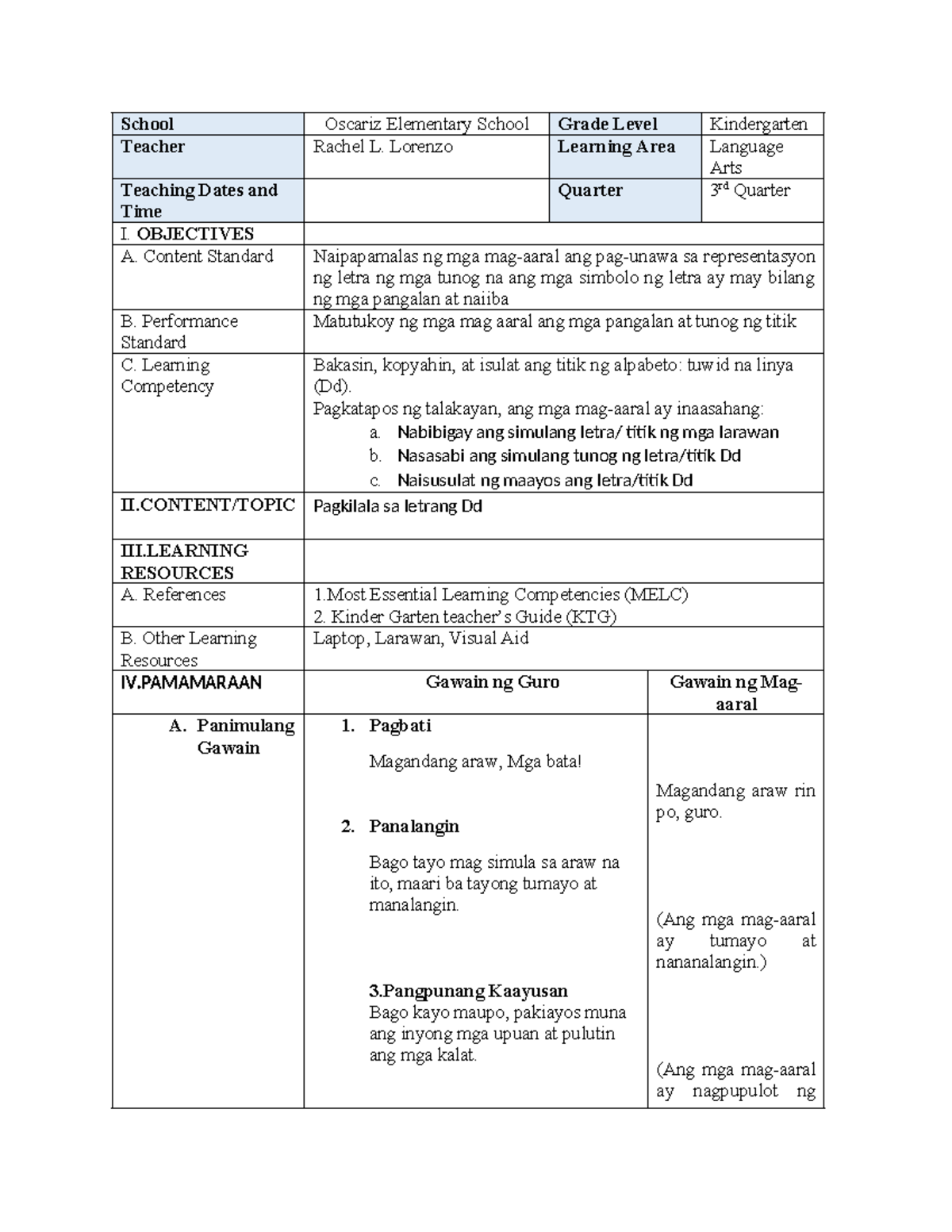 DLP - Letrang Dd (Dd) - Kindergarten Language Arts Lesson Plan - Studocu