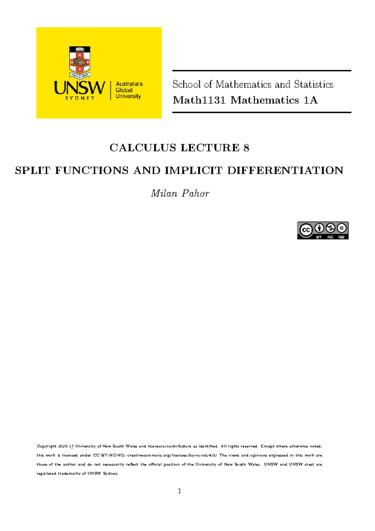 MATH1131 Calculus Lecture 08: Implicit Differentiation & Related Rates ...