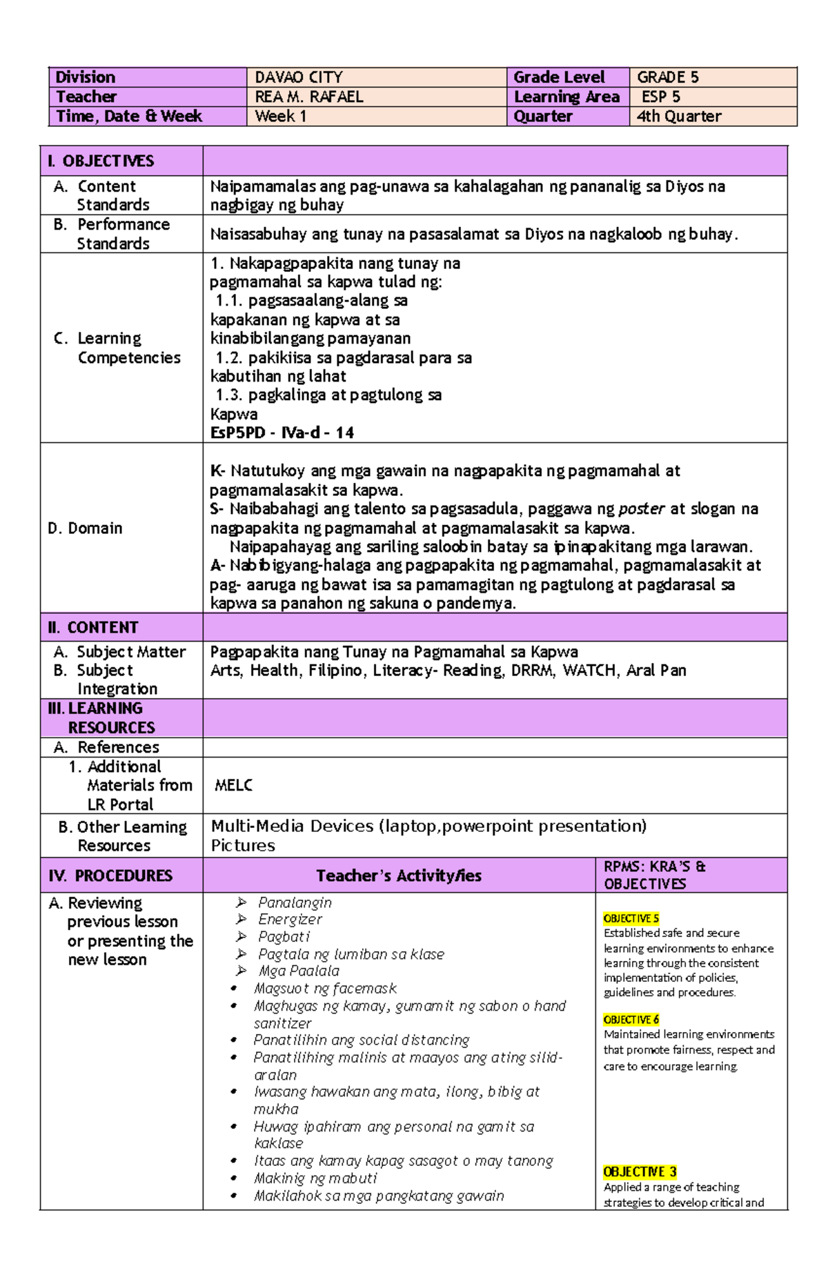 COT 4-ESP - Lesson Plan on Demonstrating Love for Others - Studocu