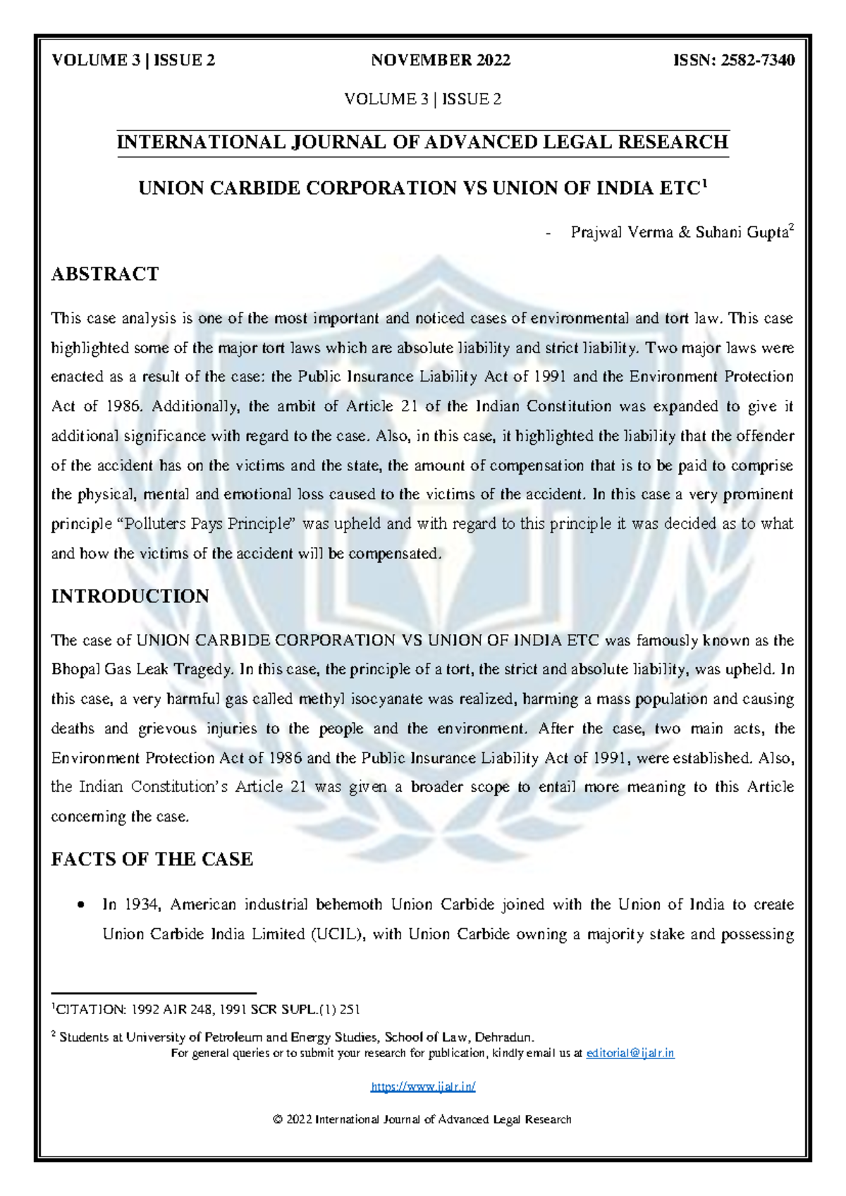 Case Study: Union Carbide Corp vs Union of India - Bhopal Gas Tragedy Analysis - Studocu