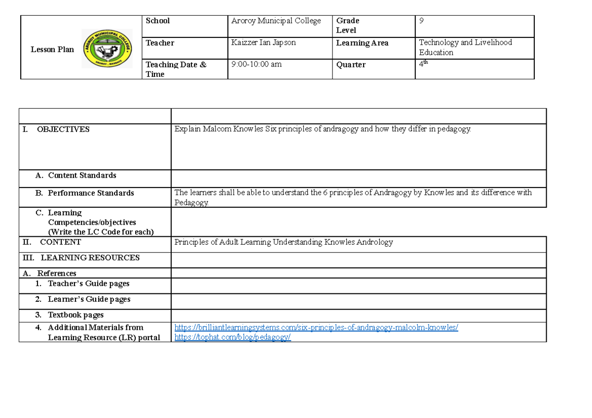 Detailed Lesson Plan on Andragogy Principles (Grade 9 - Quarter 4 ...