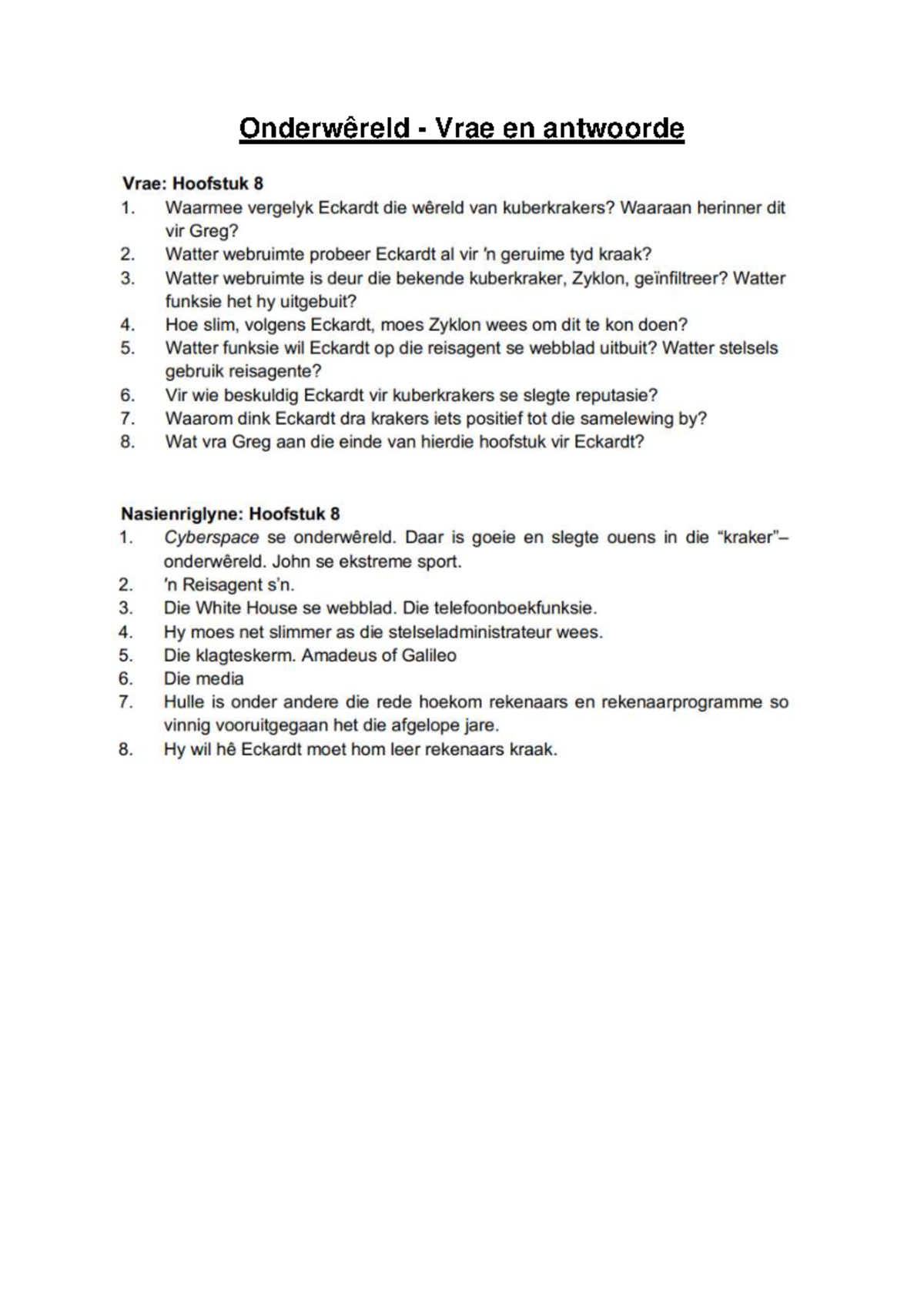 Onderwereld deur Fanie Viljoen antwoorde vir hoofstuk 8 tot 35 vir ...