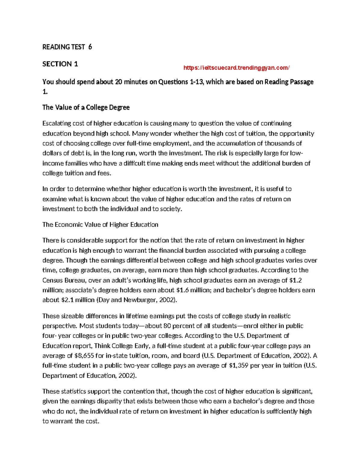 REVISED READING TEST 6: THE VALUE OF A COLLEGE DEGREE - Studocu