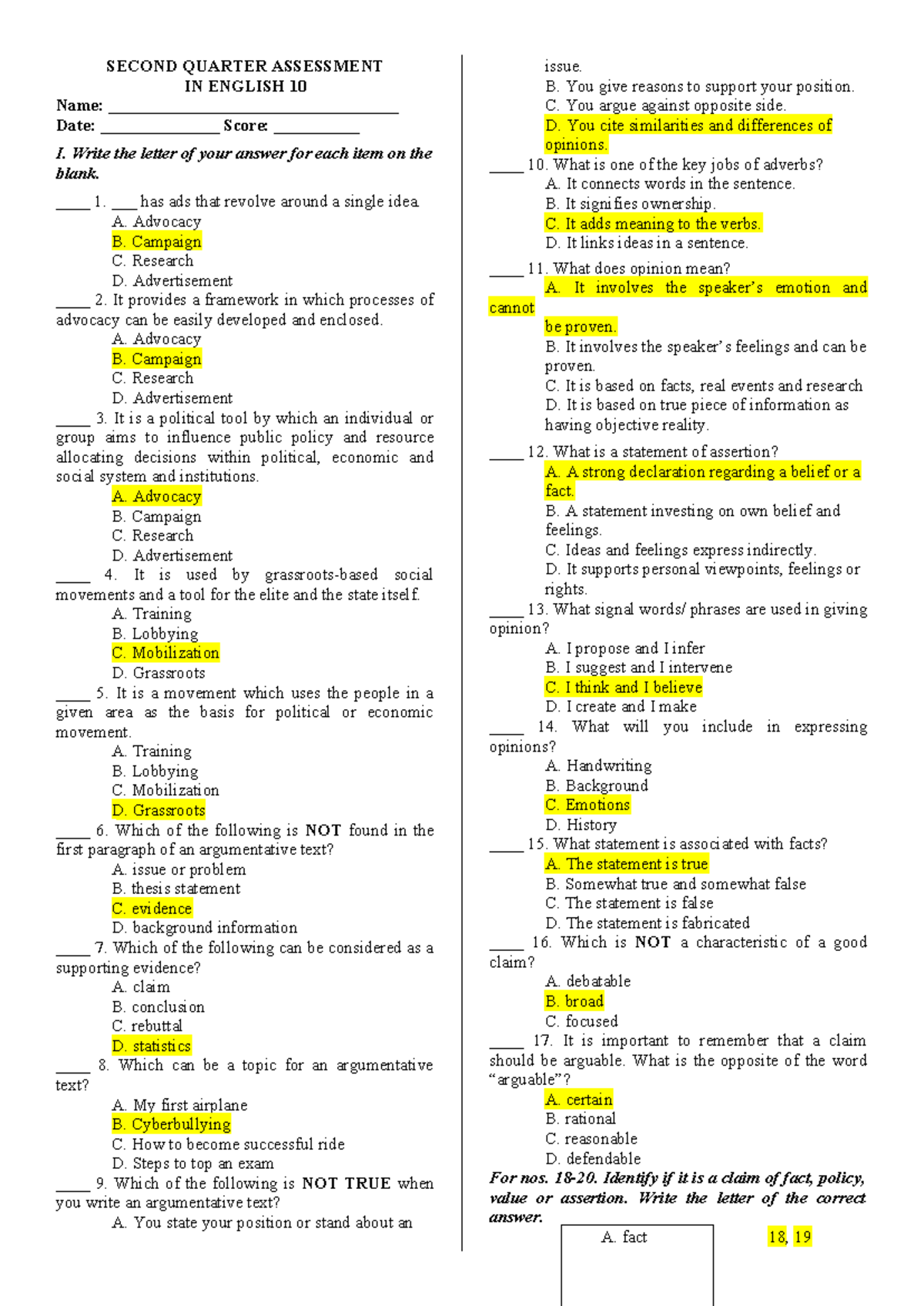 English 10 - test - SECOND QUARTER ASSESSMENT IN ENGLISH 10 Name
