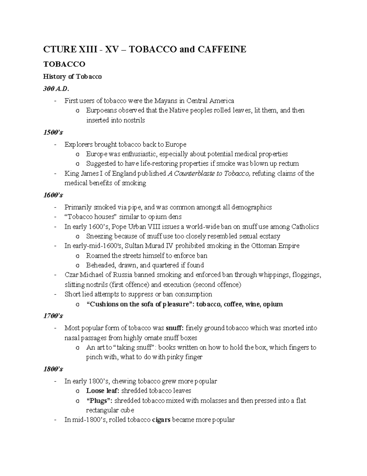 CTURE XV: Tobacco and Caffeine - Historical Overview and Effects - Studocu