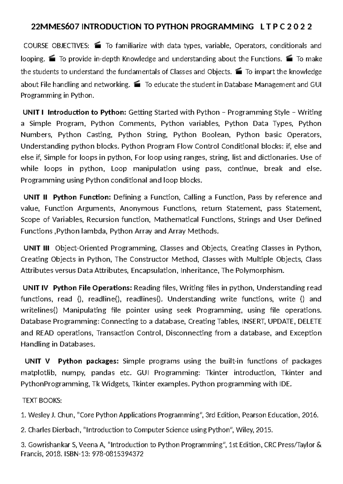 22MMES607 Introduction to Python Programming: Course Overview - Studocu