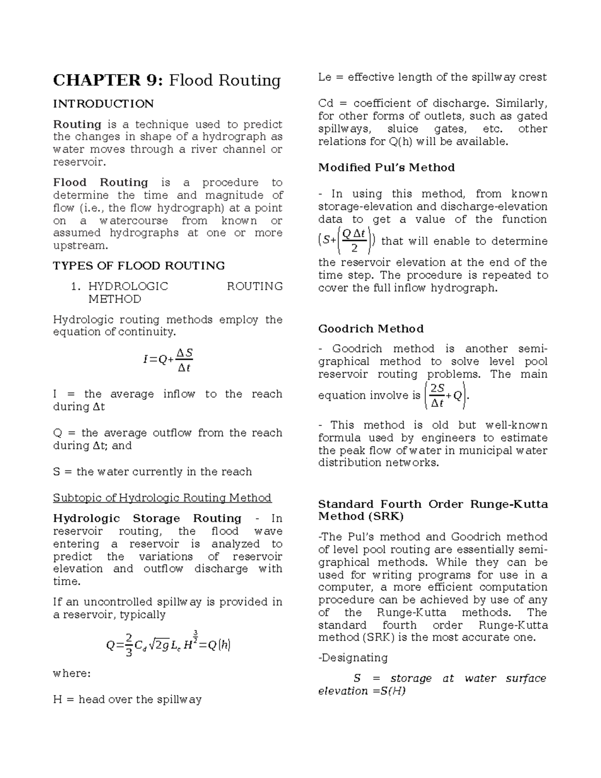 Hydrology Report: Chapter 9 - Flood Routing Techniques and Analysis ...