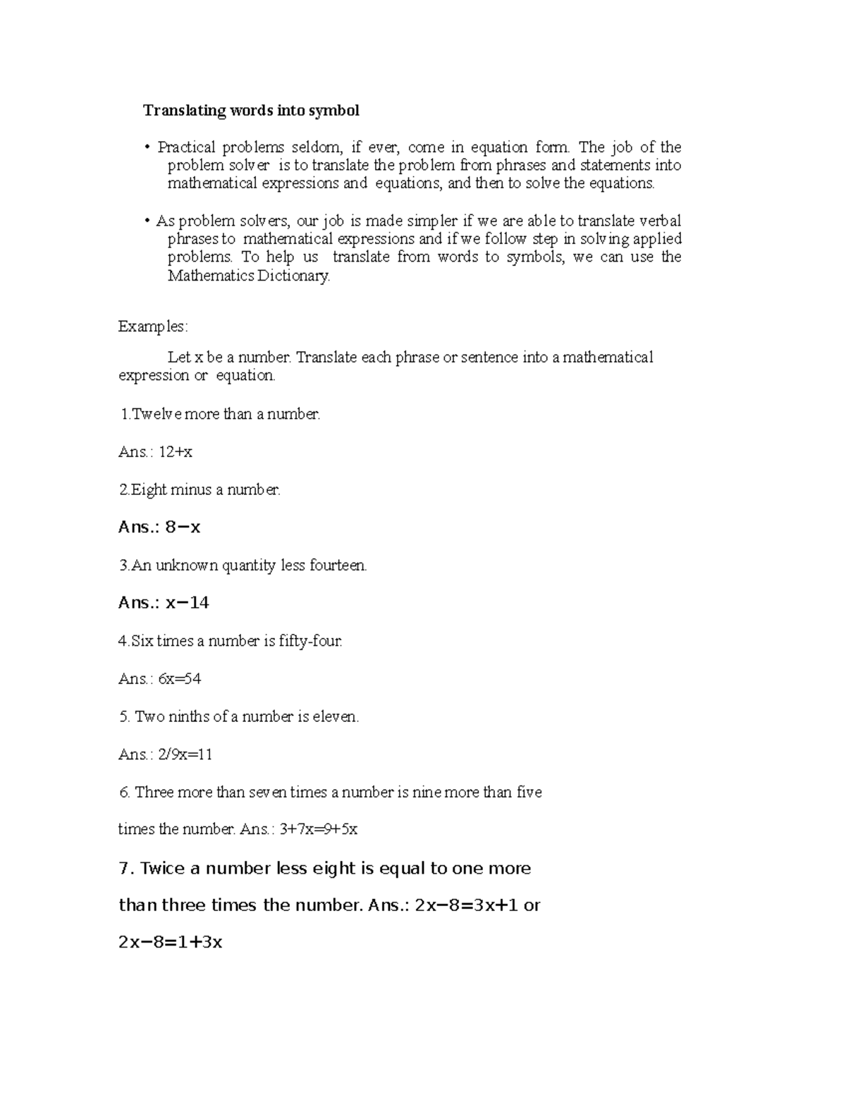 Translating Words to Symbols in Math: Problem-Solving Guide - Studocu