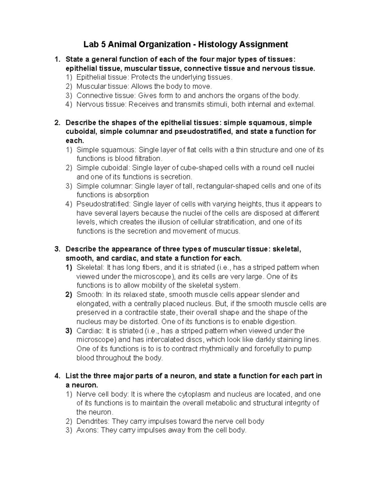 Lab 5 Animal Organization - Histology Assignment - Lab 5 Animal ...