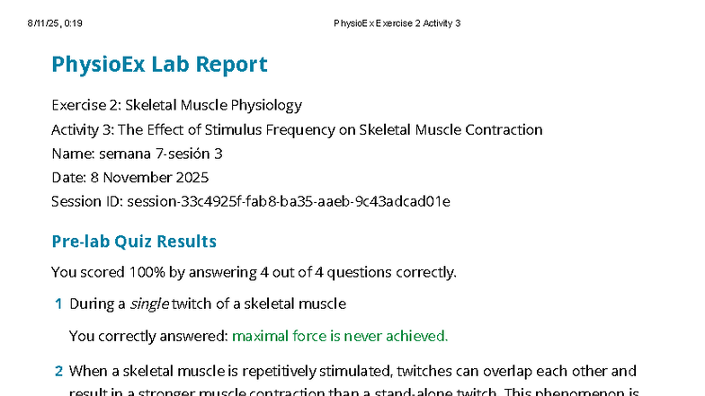 PhysioEx 0:19 Lab Report: Skeletal Muscle Physiology Activity 3 - Studocu