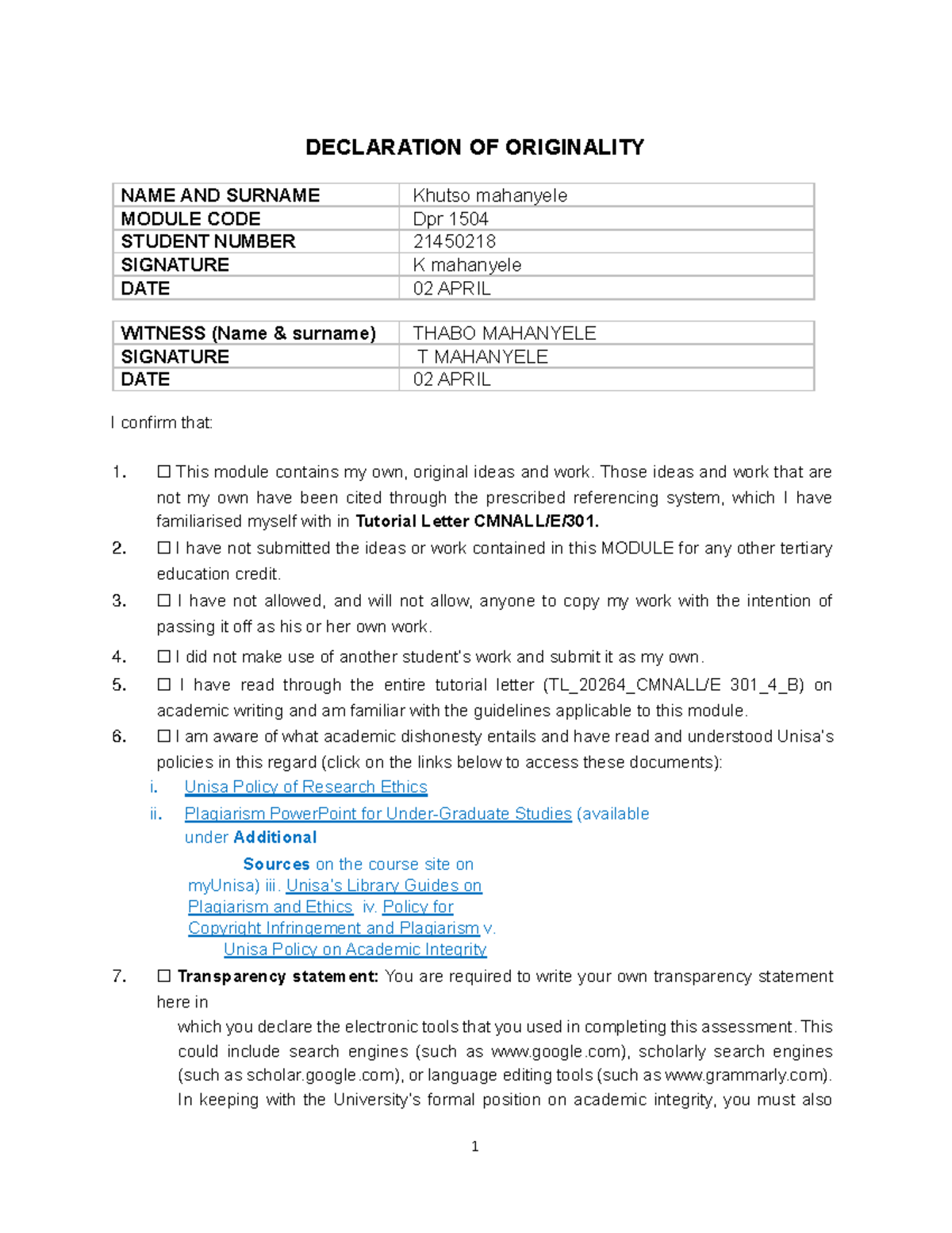 Declaration of Originality for Assign 1504 - Academic Integrity ...