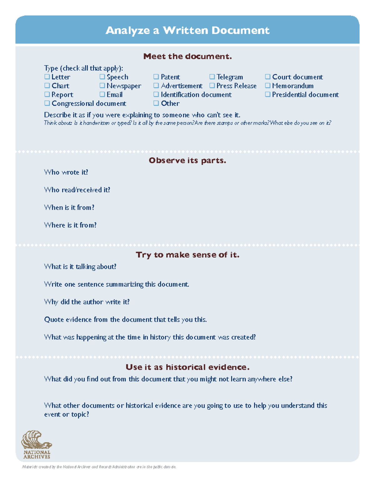 Document Analysis Worksheet for Historical Written Documents - Studocu