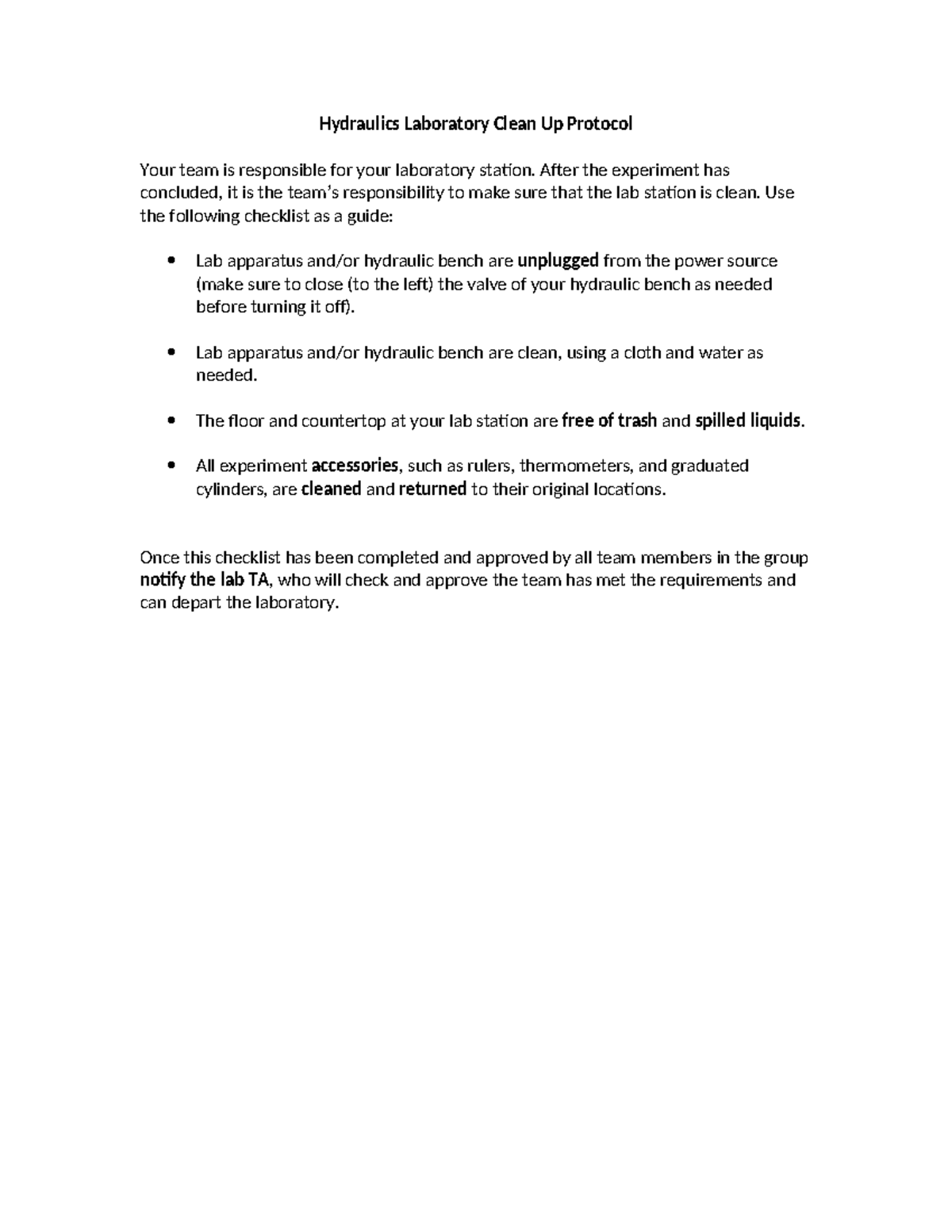 Cveen 3016 Hydraulics Lab Clean Up Checklist and Protocols - Studocu