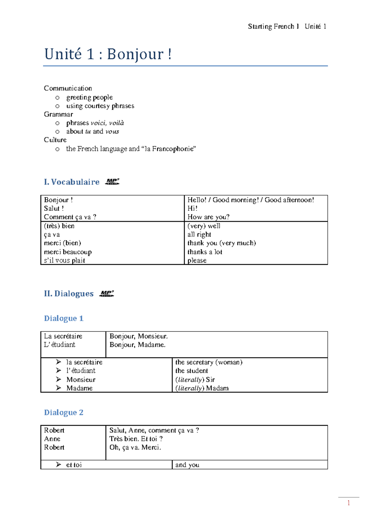 Unité 1: French Basics - Introductory Notes and Vocabulary Guide ...