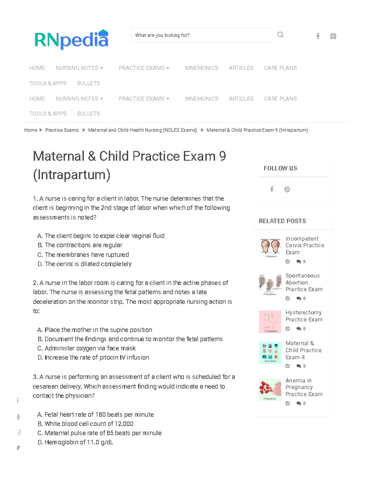 Maternal & Child Nursing Practice Exam 9 (Intrapartum) Notes - Studocu