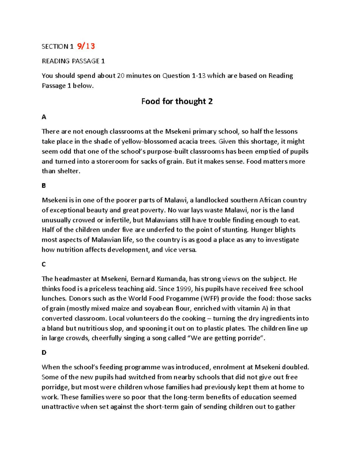 Passage 1 - Food for Thought 2: Questions 1-13 Analysis - Studocu