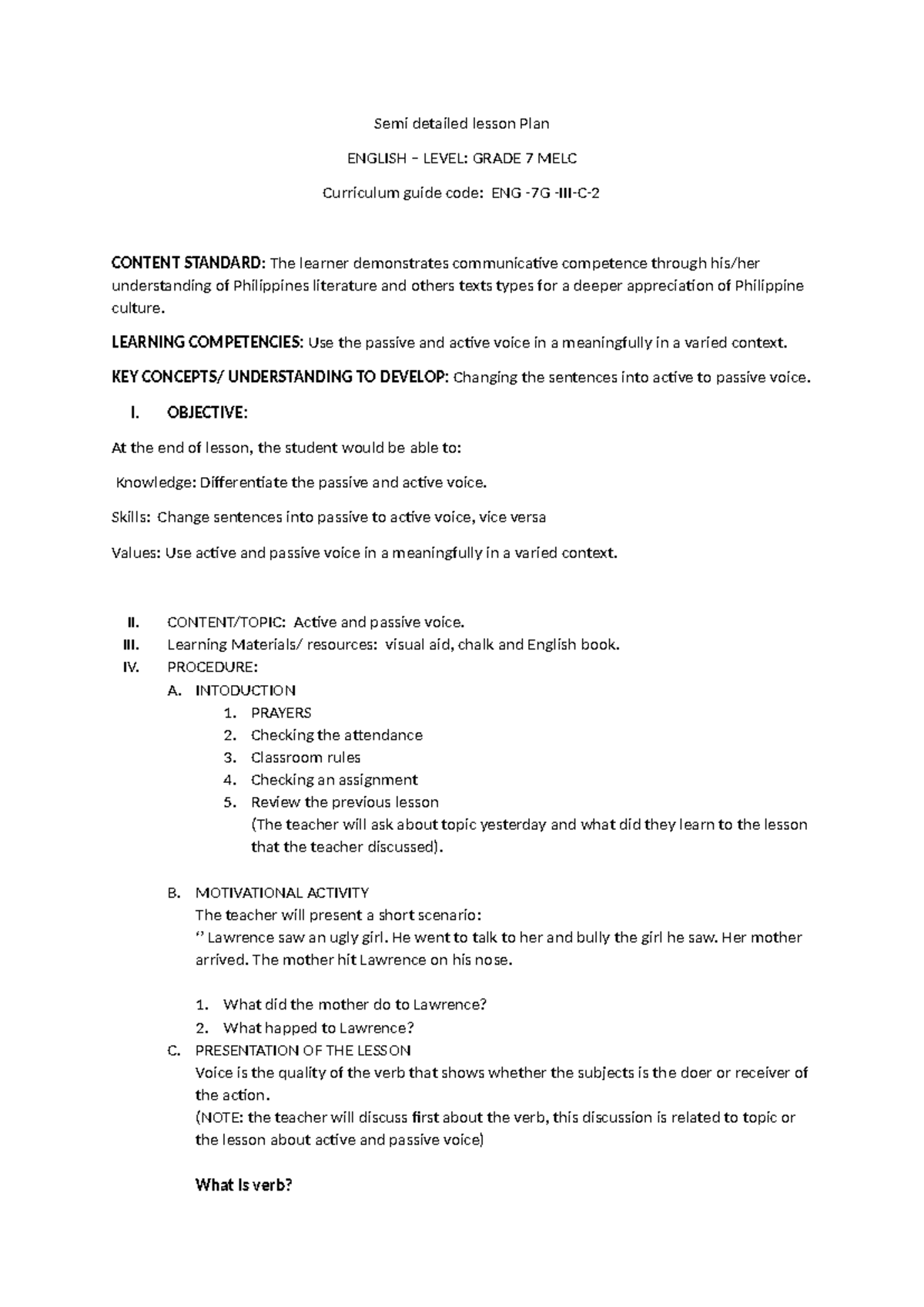 Semi-Detailed Lesson Plan: Active & Passive Voice (ENG 7) - Studocu