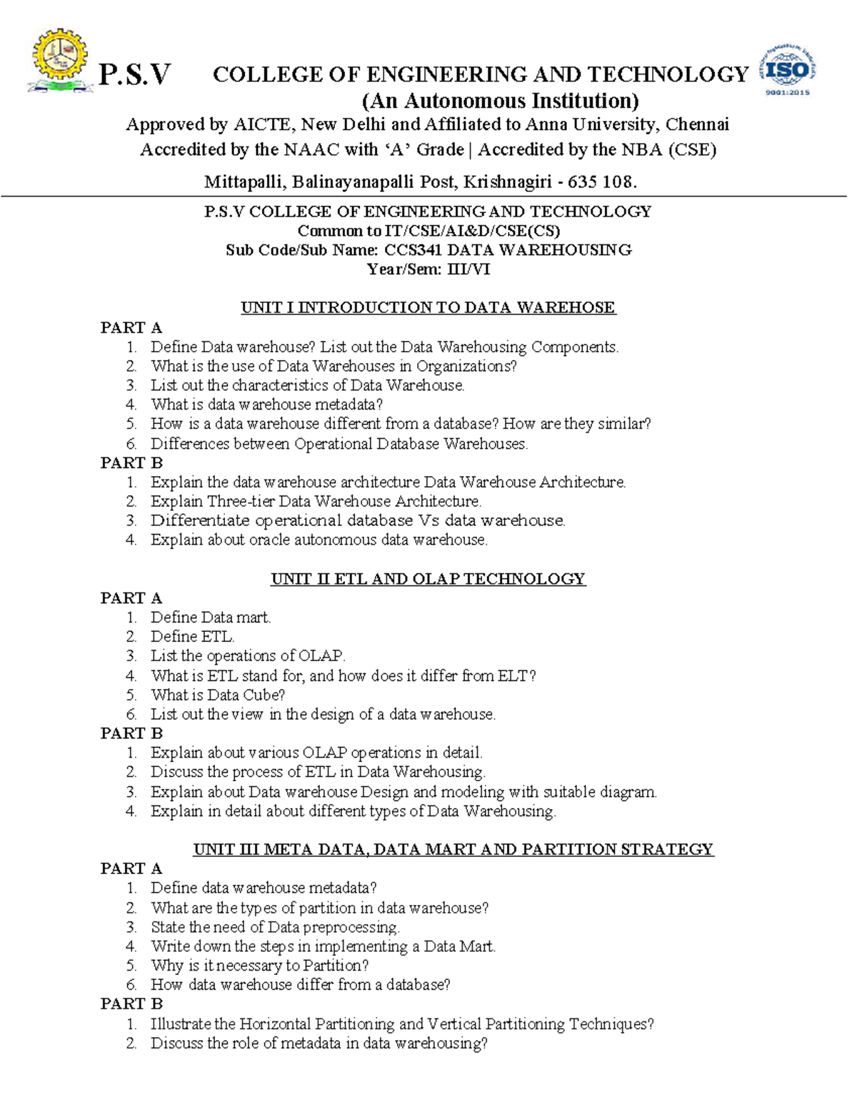 CCS341 Data Warehousing Quiz Notes: Key Concepts & Definitions - Studocu
