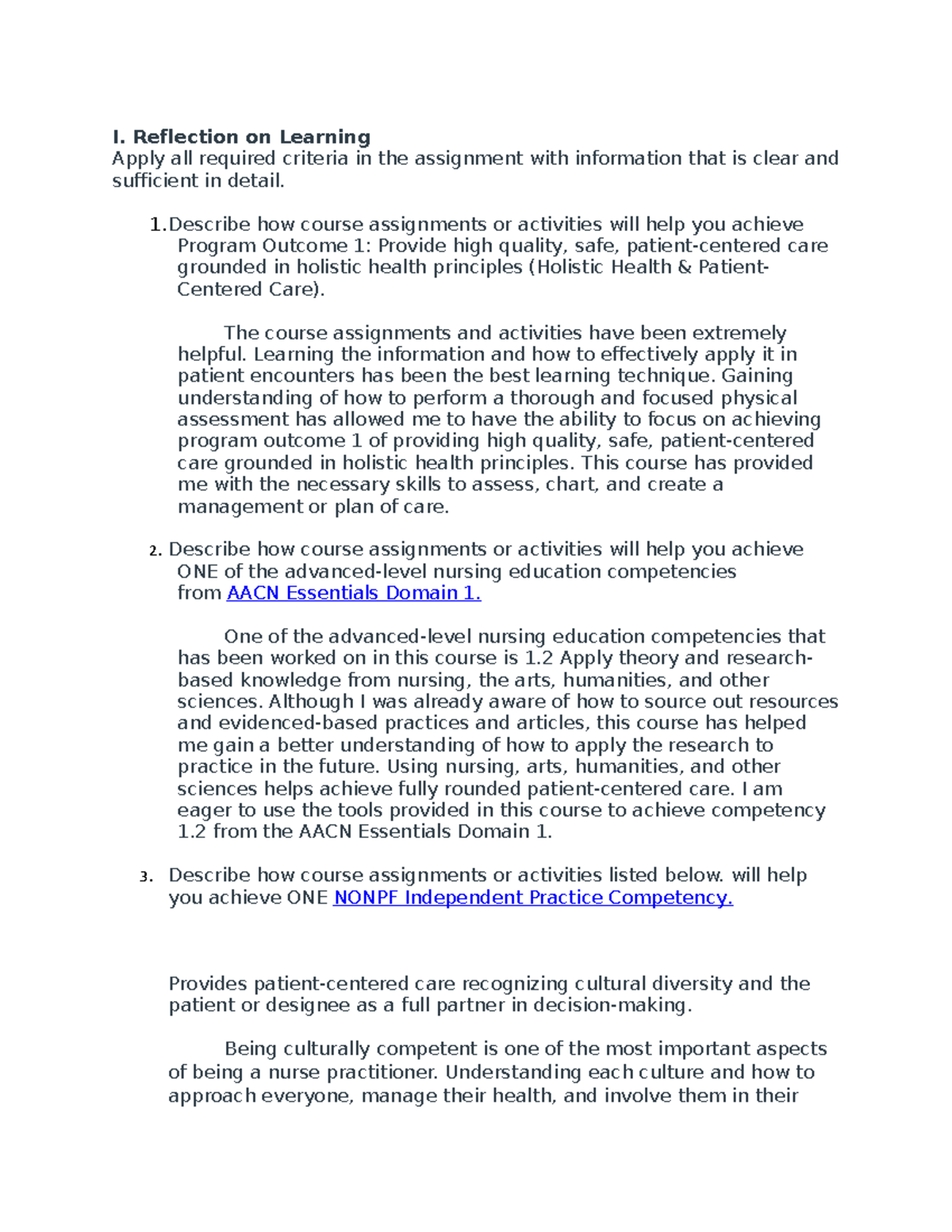 Week 8 reflection PE - I. Reflection on Learning Apply all required ...