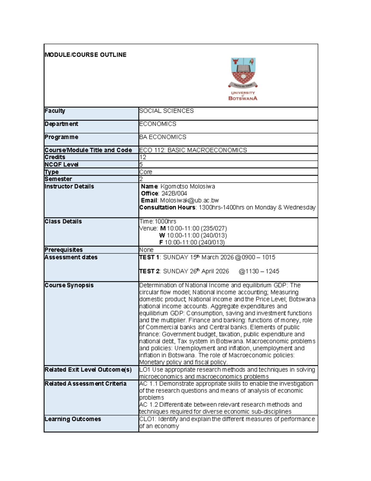 BQA ECO 112 Course Outline: Basic Macroeconomics Overview - Studocu