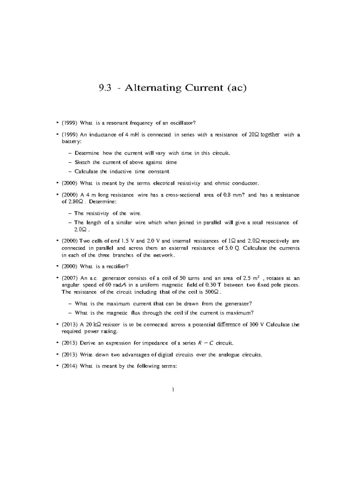 Alternating Current (ac) TEST Question - wave motion - Studocu