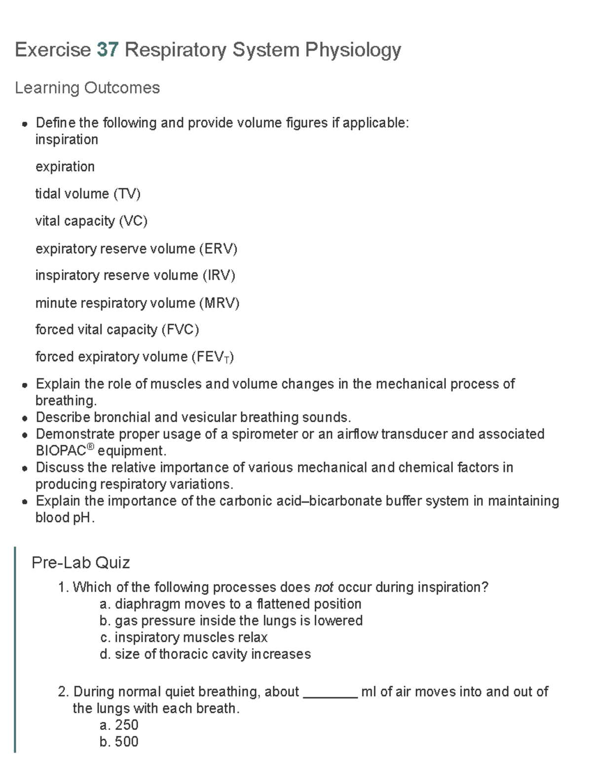 Pre Lab 37 - Respiratory System Physiology Quiz and Outcomes - Studocu