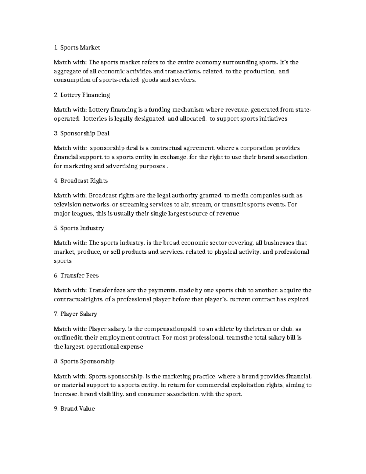 113 Sports Market Matching Game: Key Concepts in Sports Economics - Studocu