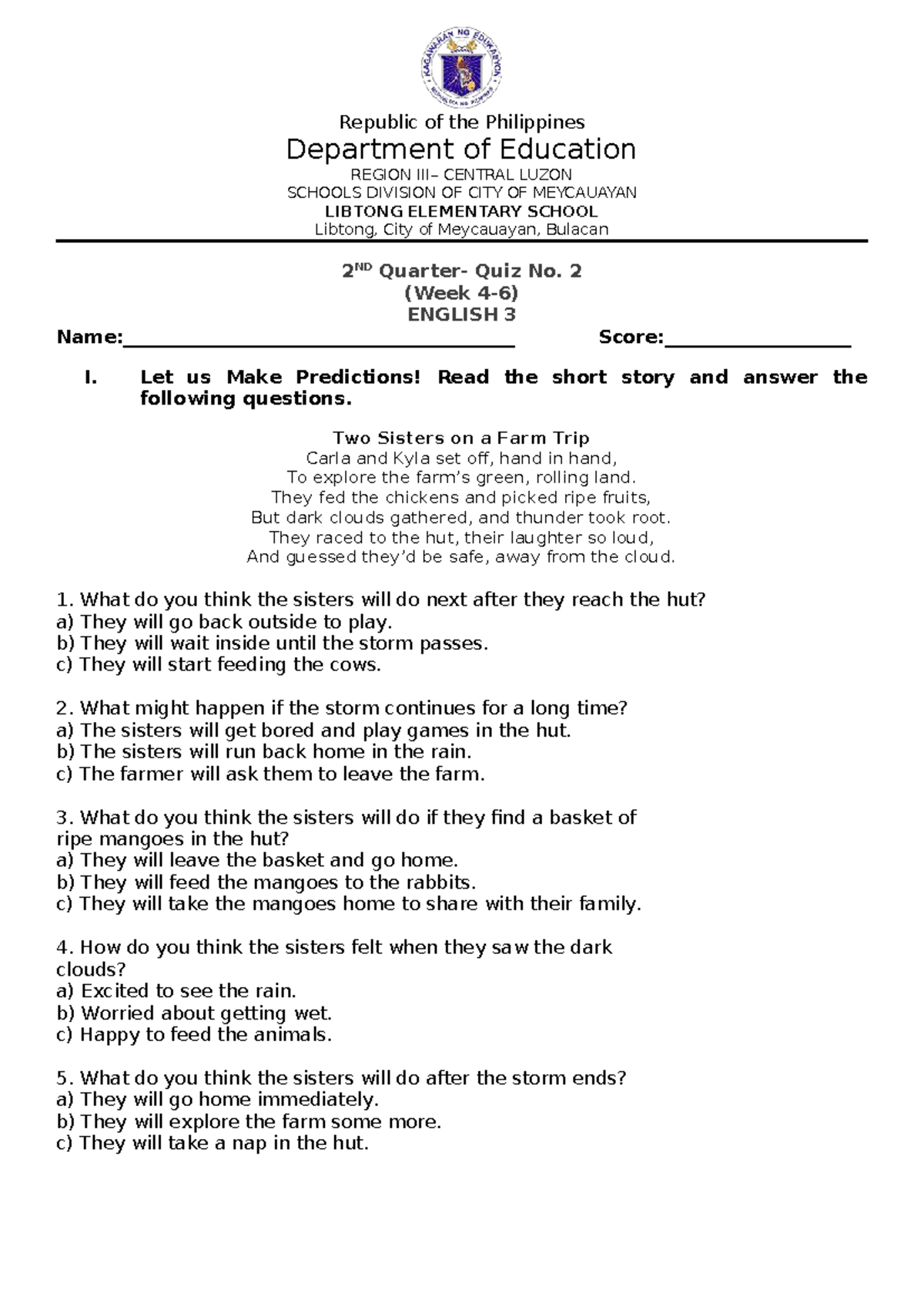 ENGLISH 3 2ND Quiz No. 2: Predictions from "Two Sisters on a Farm ...