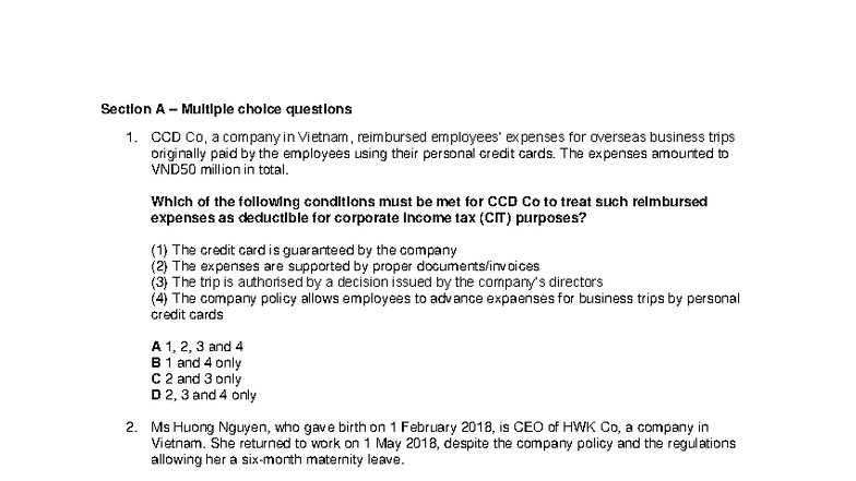 CIT questions - CIT - Section A – Multiple choice questions 1. CCD Co ...
