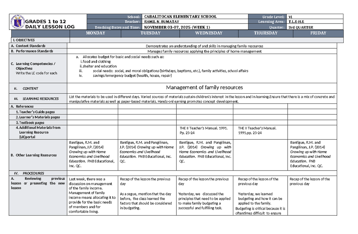 DLL TLE 6 Q3 W1 - Daily Lesson Log for Technological Livelihood ...