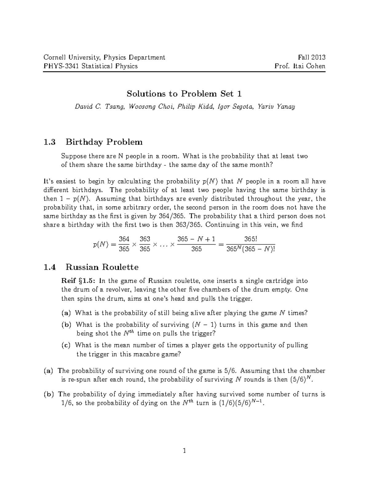 Seminar assignments - Problem set 1 solutions - Cornell University ...