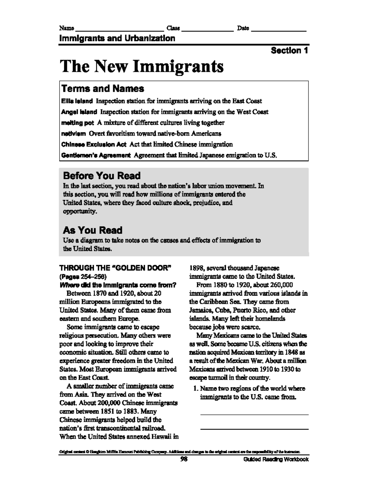 Immigrants and Urbanization Guided Reading: Topic 6 Overview - Studocu