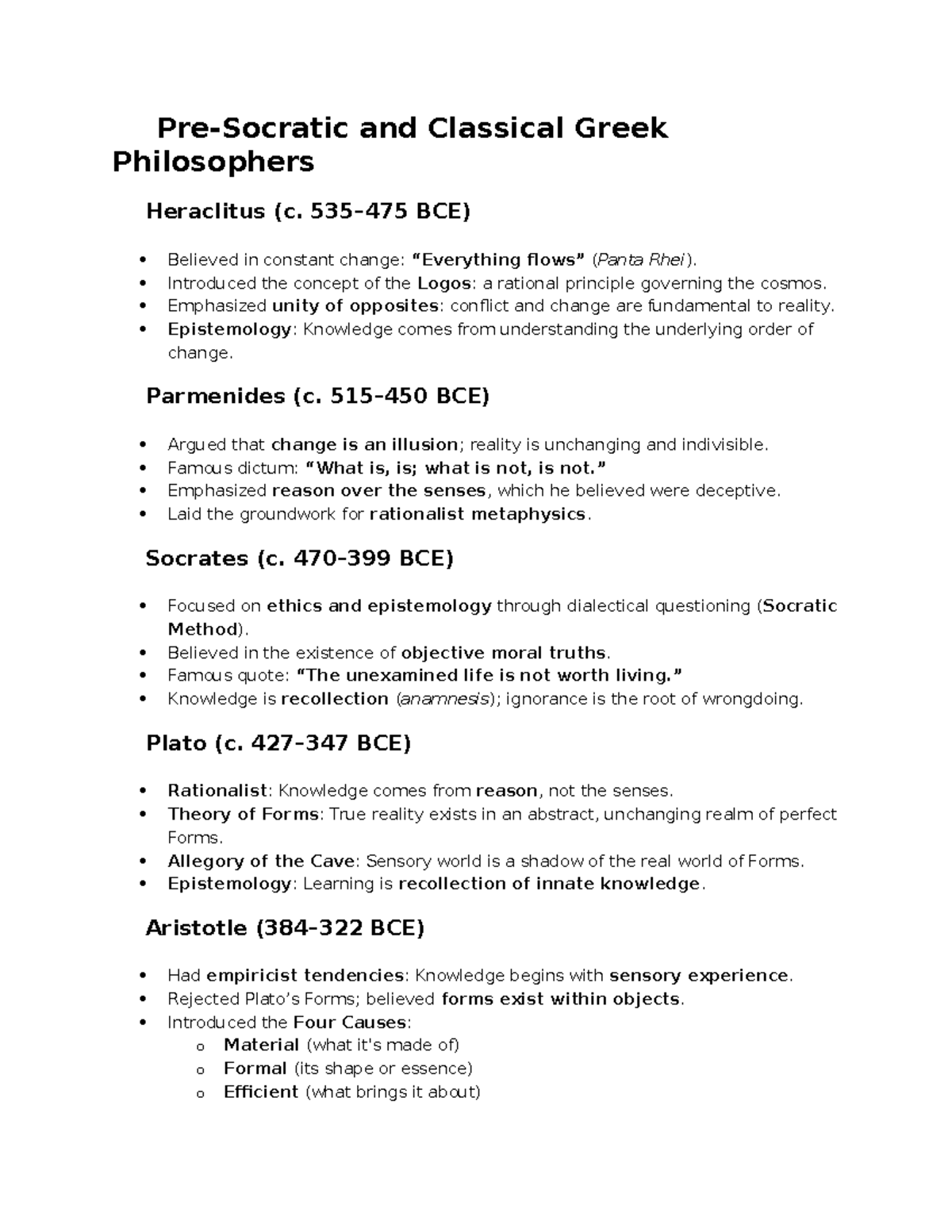 Classical Greek Philosophers: Key Concepts for PHIL 101 Final Exam ...