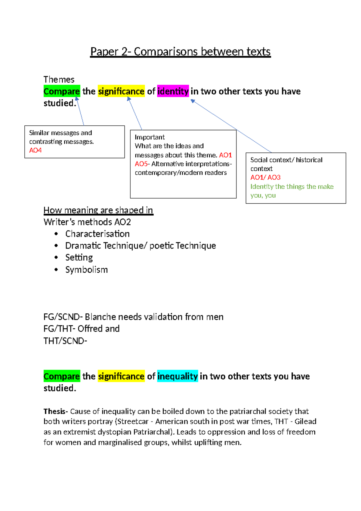 Paper 2 stuff - sdfsdfv - Paper 2- Comparisons between texts Themes ...