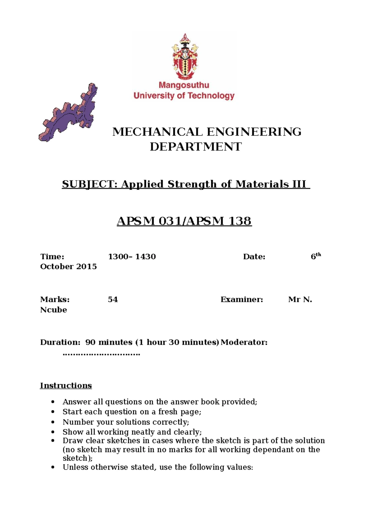 APSM 138 Applied Strength of Materials Test 2 - 2016 - Studocu