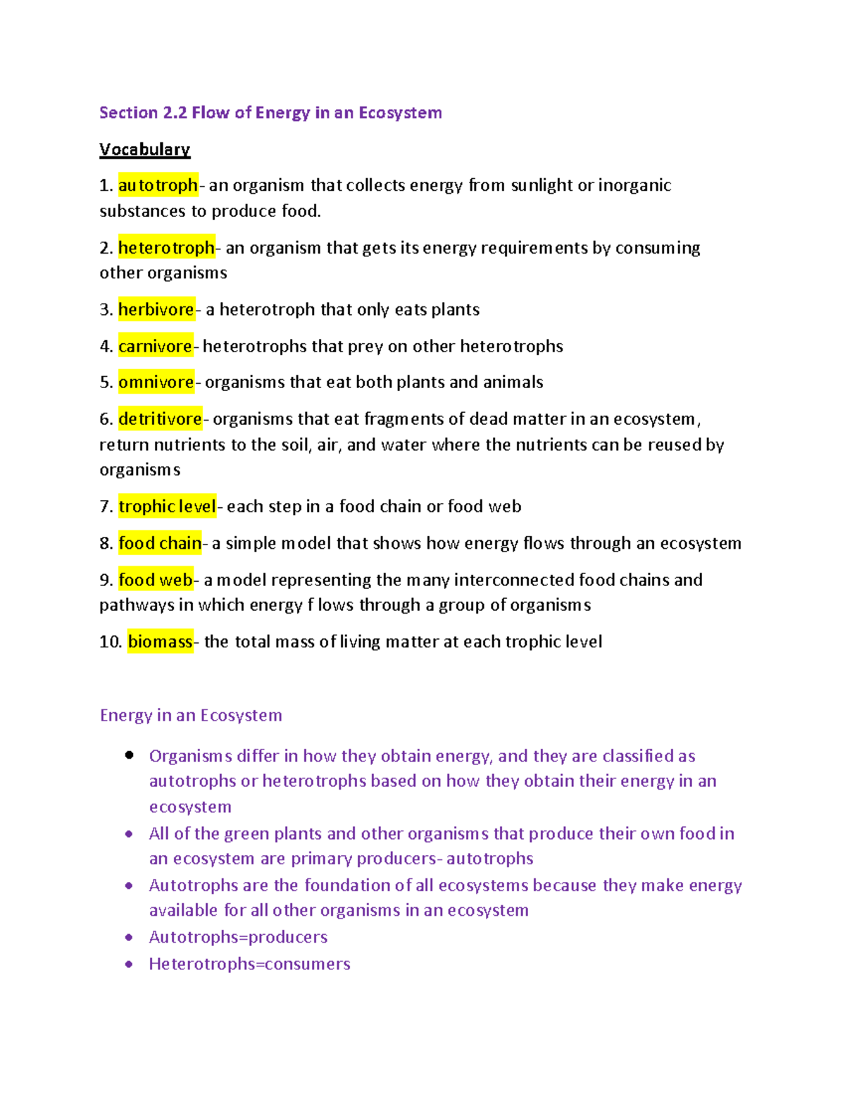 Bio 2 - worksheet - Section 2 Flow of Energy in an Ecosystem Vocabulary ...