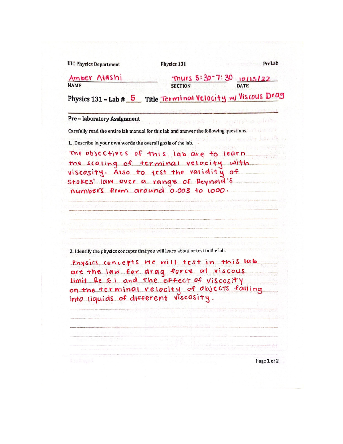 Terminal velocity and viscous drag lab - UIC Physics Department Physics ...