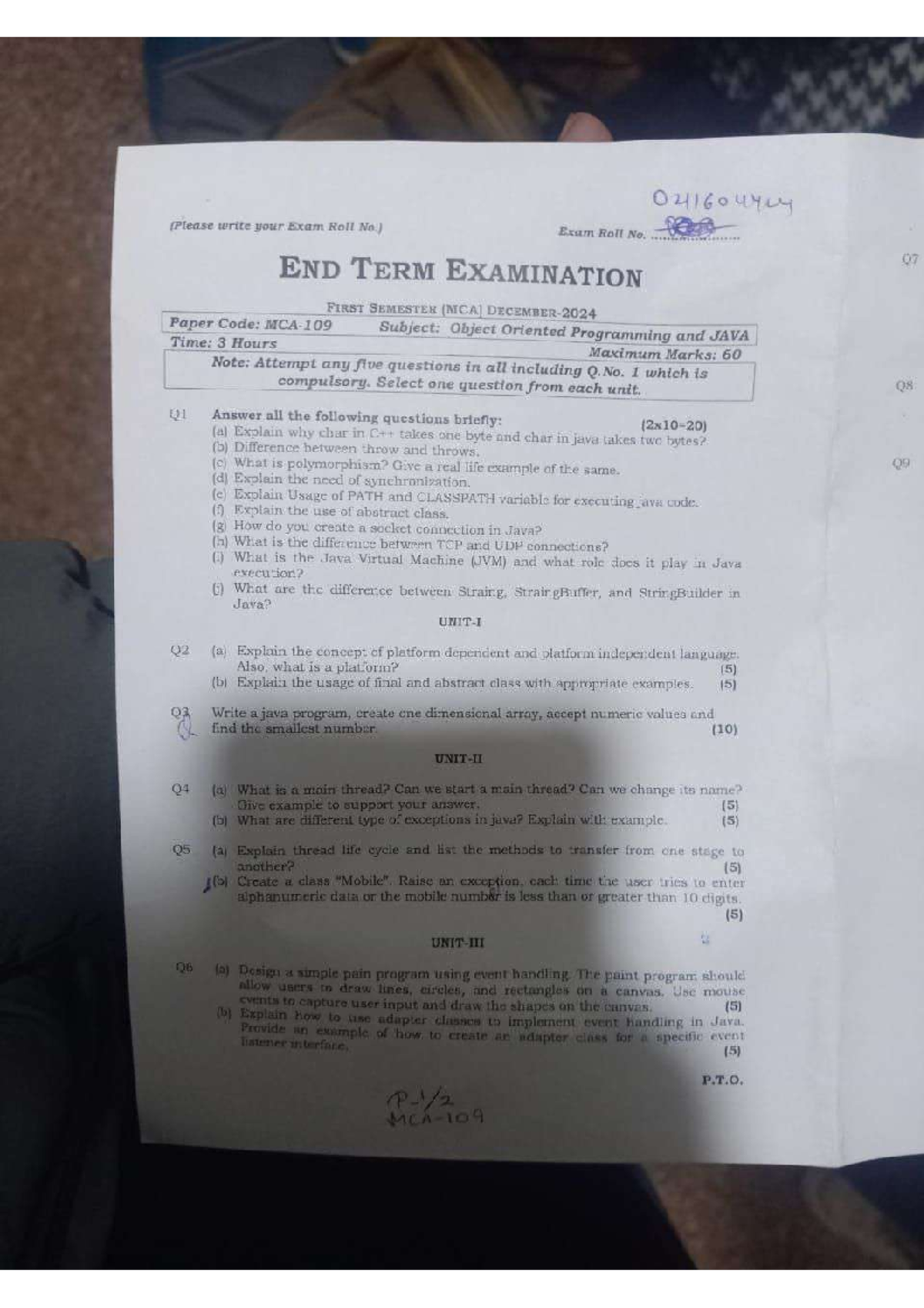 MCA 109 End Term Exam Paper: Object Oriented Programming & JAVA 2024 ...